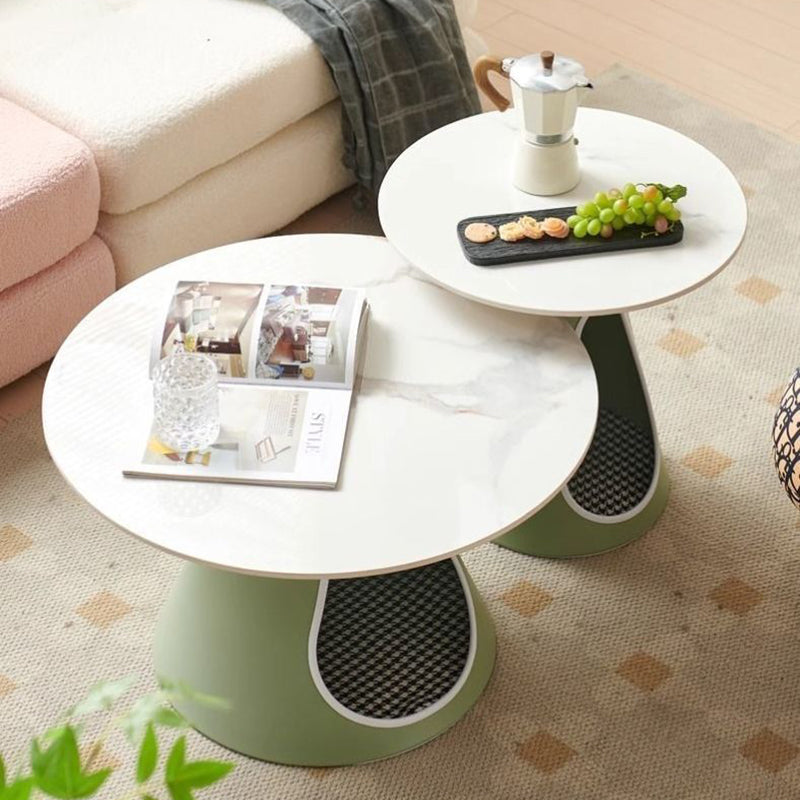 Modern Minimalist Round Stone Slab Iron Coffee Table 2-Tier For Living ...