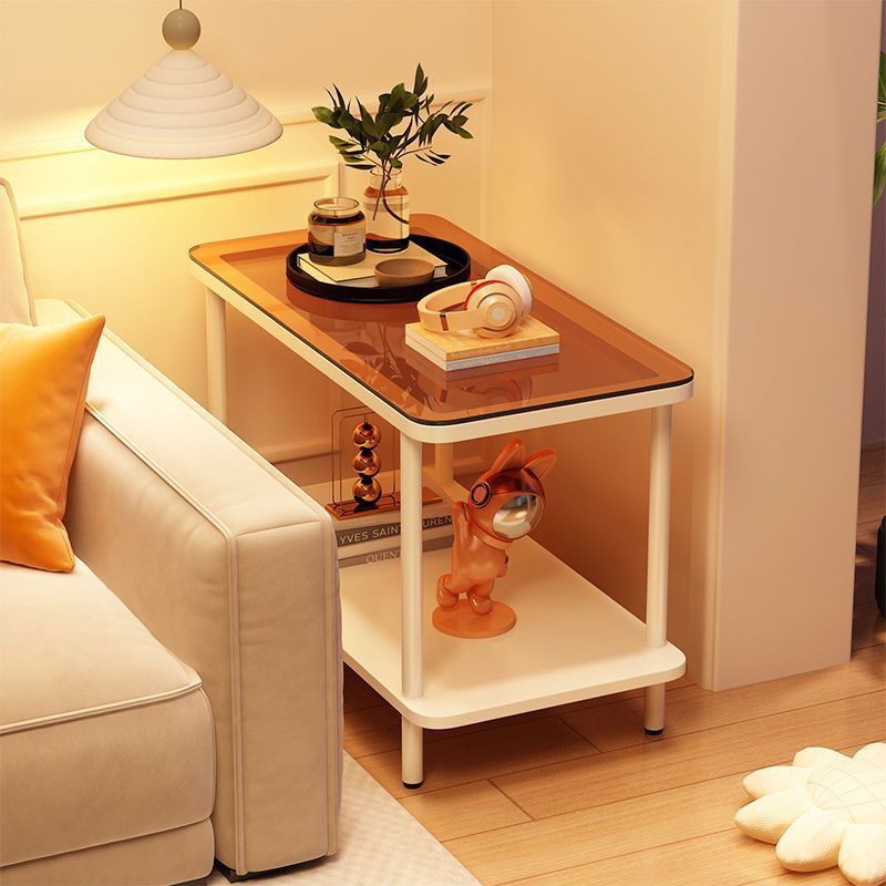 Modern Minimalist Rectangular Glass Iron Frame Side Table 2-Tier For L ...