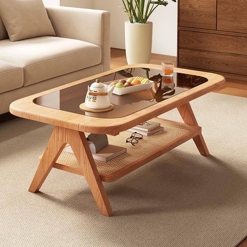 Modern Minimalist Rectangular Curved Glass Rubberwood Plastic Rattan W ...