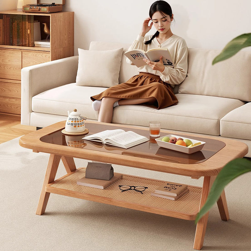 Modern Minimalist Rectangular Curved Glass Rubberwood Plastic Rattan W ...