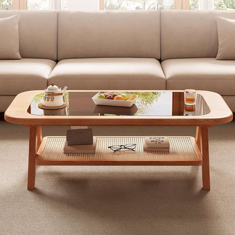 Modern Minimalist Rectangular Curved Glass Rubberwood Plastic Rattan W ...