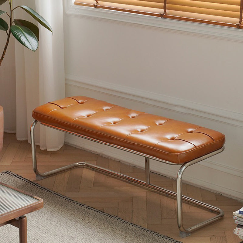 Traditional French Rectangle Geometry Leather Iron Bench Backless Arml ...