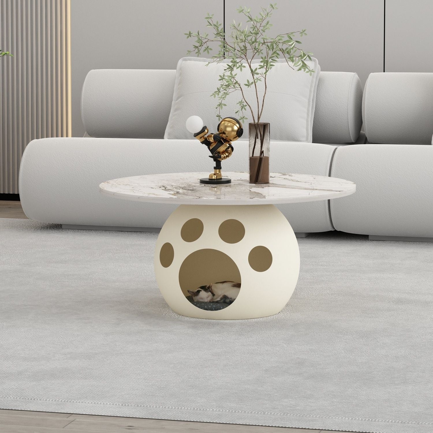 Modern Minimalist Carbon Steel, Wood & Rock Slab Round Coffee Table Fo ...