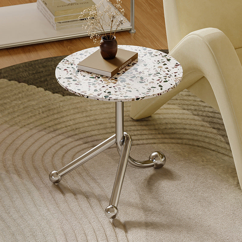 Traditional French Terrazzo Stainless Steel Round Curved End Table 1-T ...