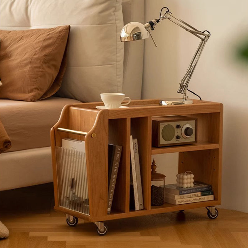 Traditional Vintage Cherry Wood Glass Metal Rectangular Mobile Side Ta ...