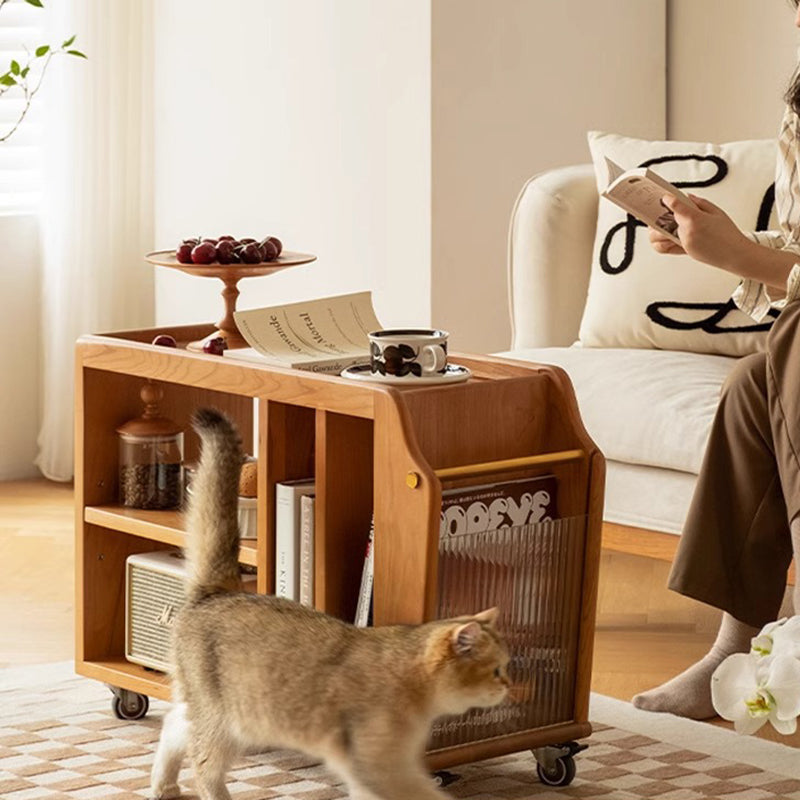 Traditional Vintage Cherry Wood Glass Metal Rectangular Mobile Side Ta ...