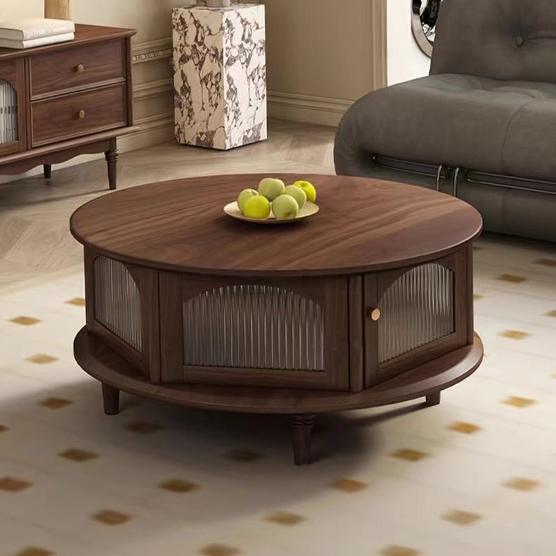 Traditional Japanese Black Walnut Glass Round Roman-Column Coffee Tabl ...