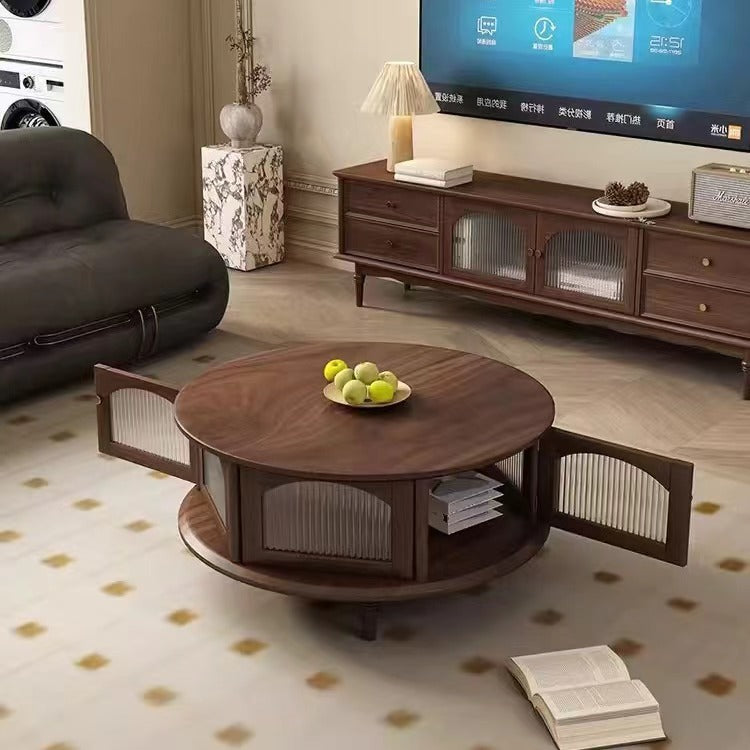 Traditional Japanese Black Walnut Glass Round Roman-Column Coffee Tabl ...