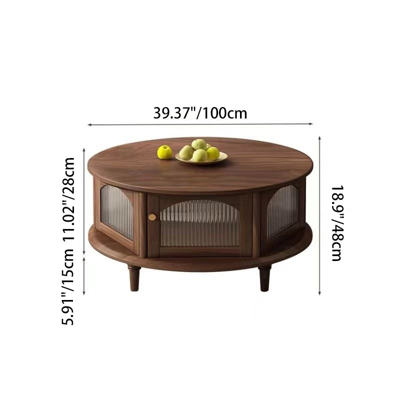 Traditional Japanese Black Walnut Glass Round Roman-Column Coffee Tabl ...