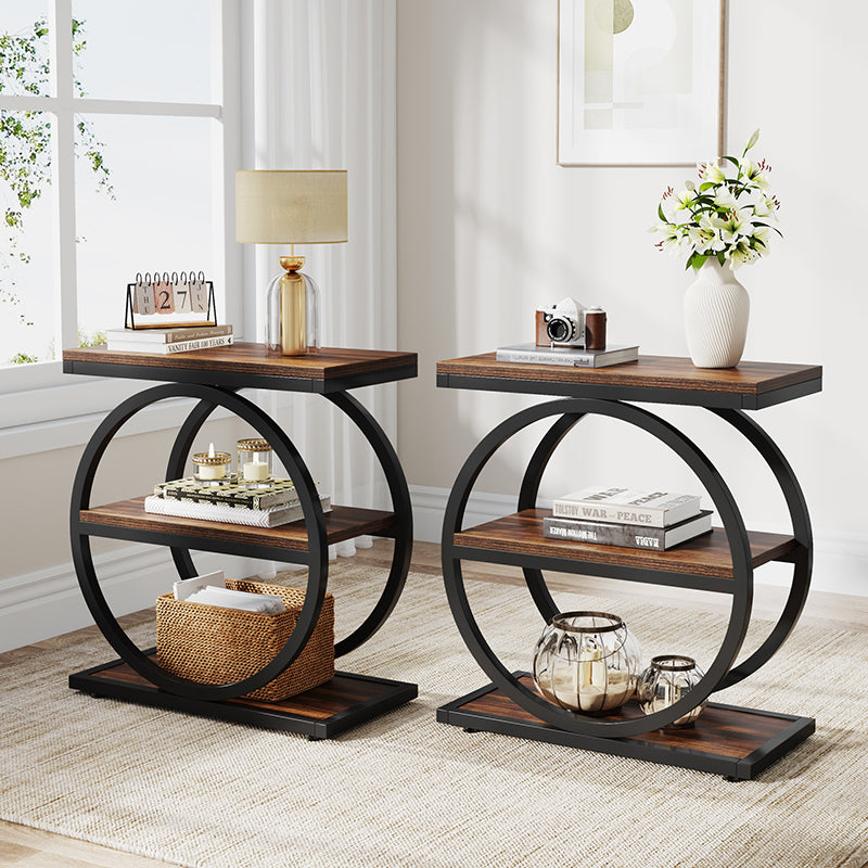 Contemporary Industrial Solid Wood Top Iron Dual Ring Frame End Table ...