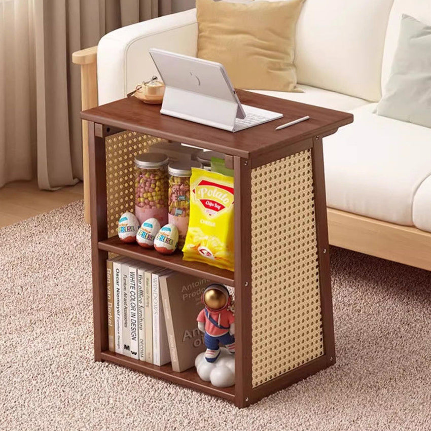 Contemporary Retro Rattan Weaving Solid Wood Frame Side Table 2-Tier S ...