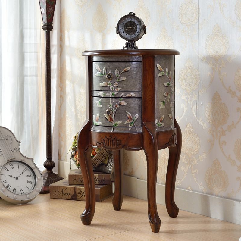 Traditional Vintage Round Cylindrical Wood Glass Side Table 2-Drawer F ...