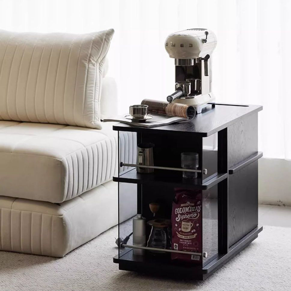 Modern Minimalist Slidable Black Solid Wood Coffee Table With Glass ...