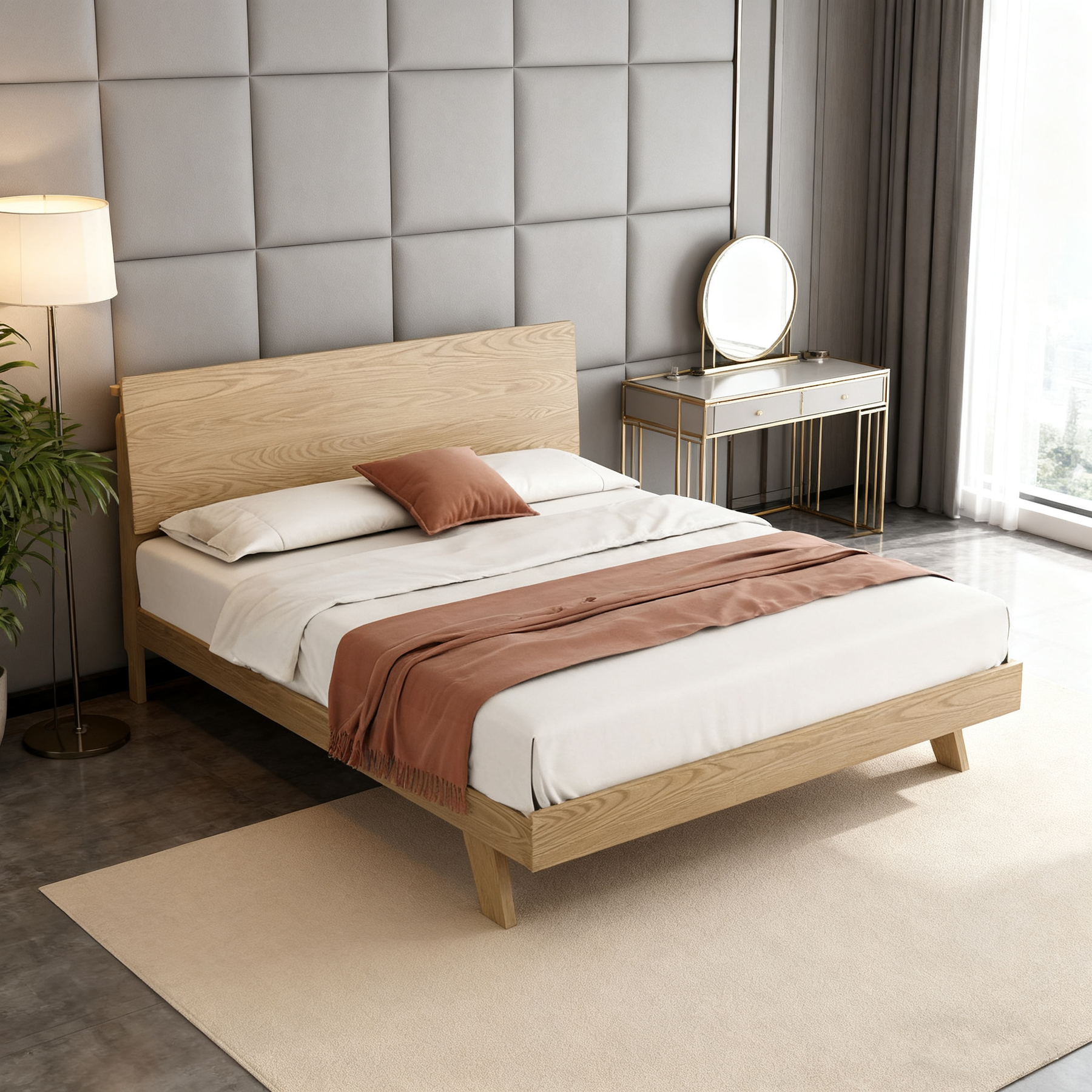 Minimalist Flush-Edge Design Bed Frame - Full Ash Wood Frame Bed For B ...