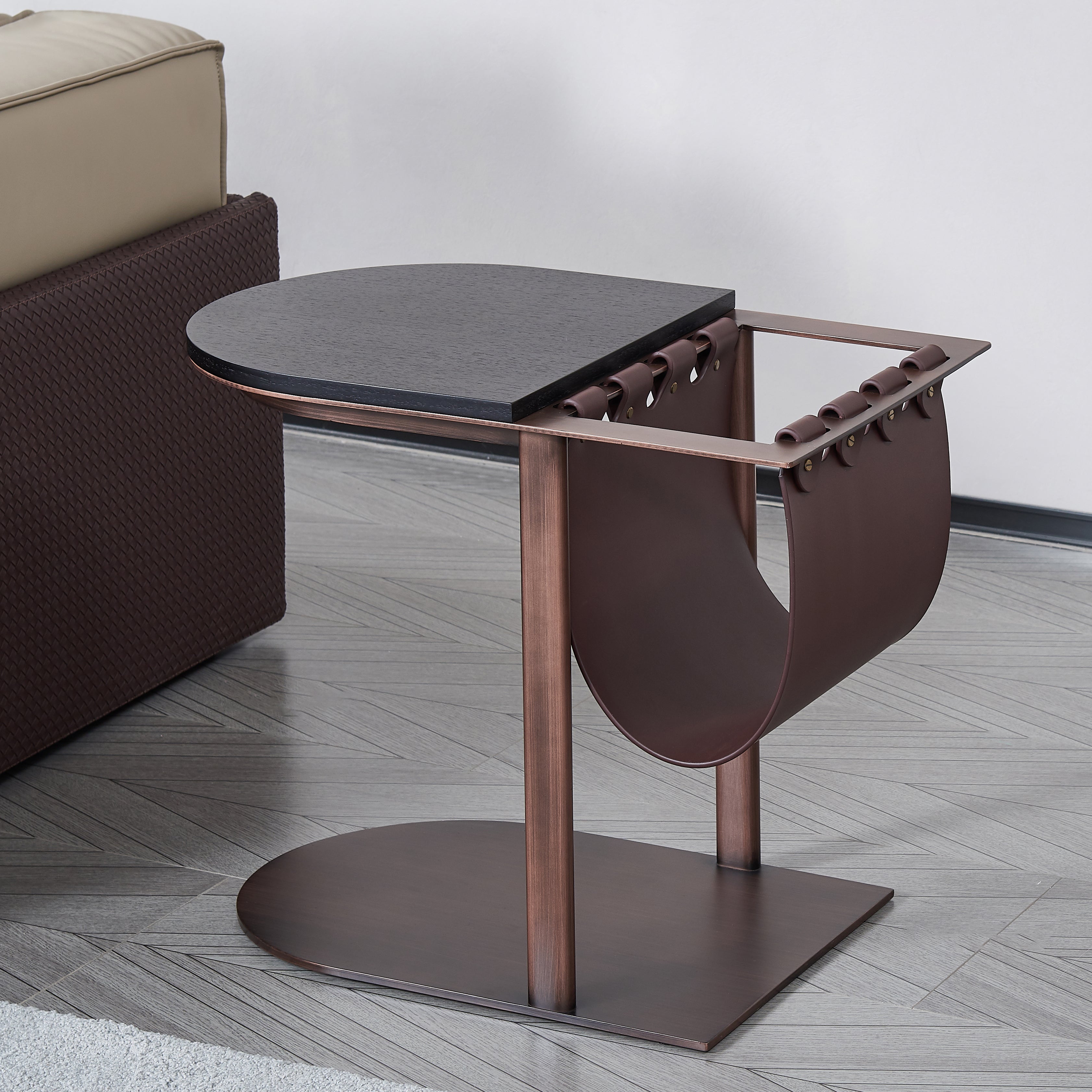 Half Oval Wood Saddle Leather Metal Side Table - Vintage Decorative En ...