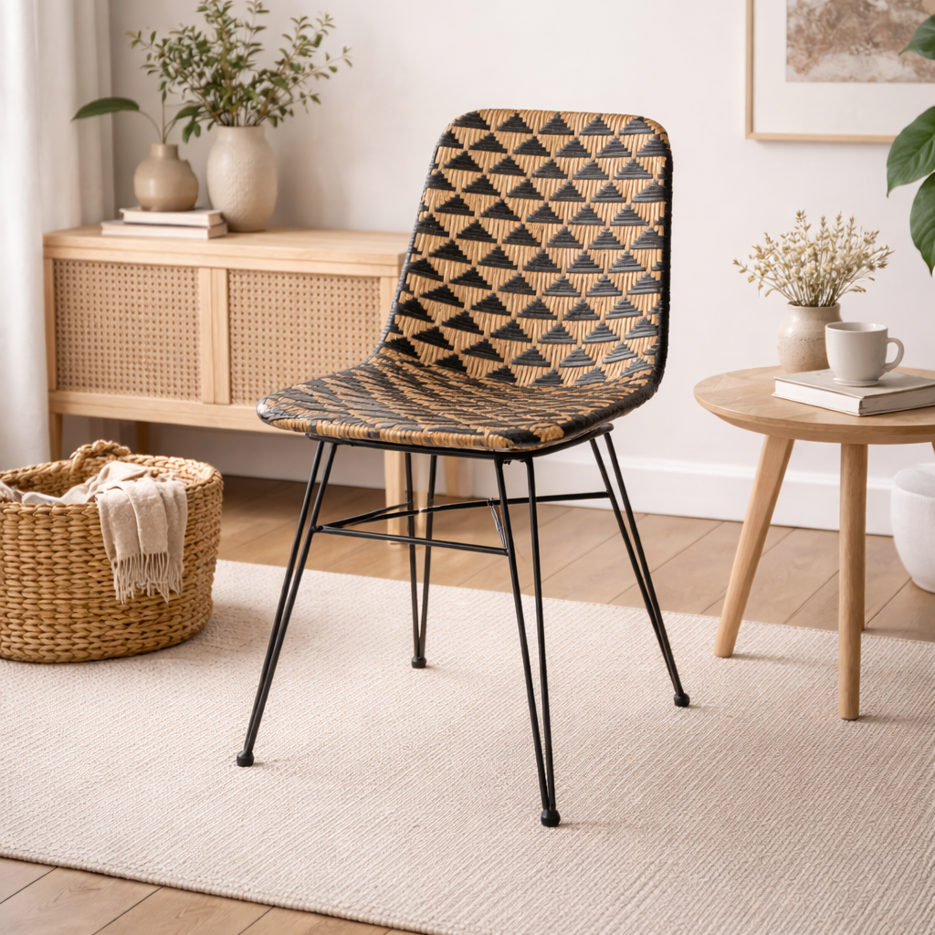 Bohemian Geometric Rattan Dining Chair - Lightweight Hand-Woven Rattan ...