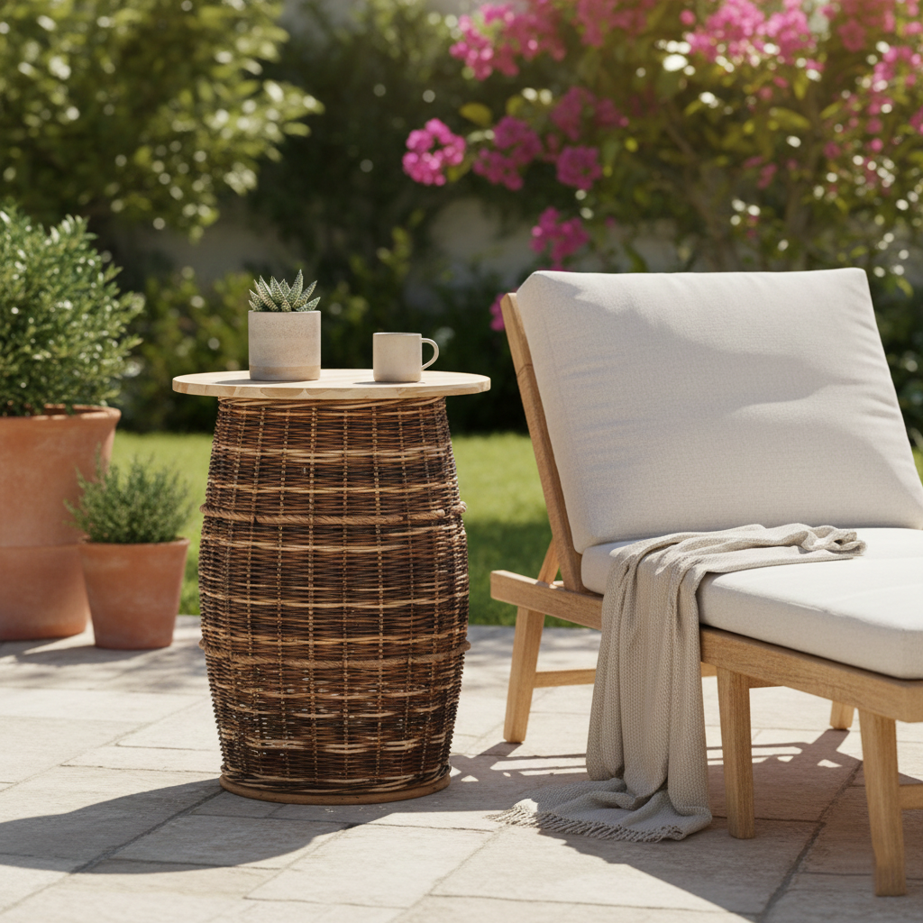 Rustic Teak & Rattan Weaving Bar Table - Dual-Material Durability & Na ...