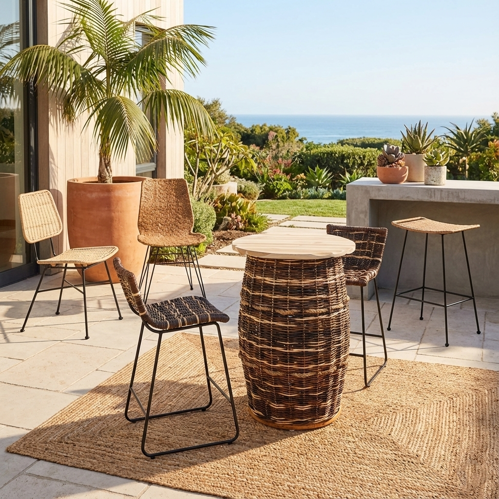 Rustic Teak & Rattan Weaving Bar Table - Dual-Material Durability & Na ...