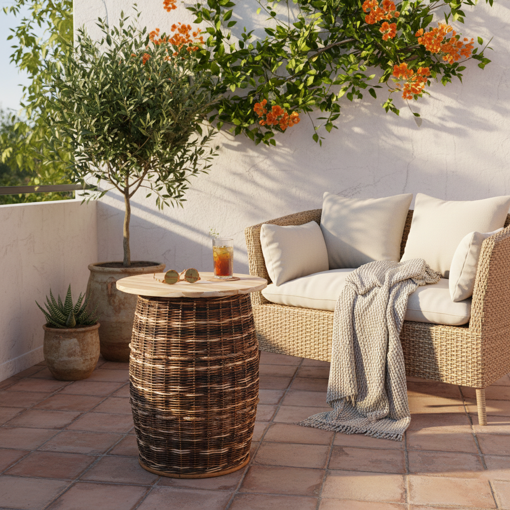 Rustic Teak & Rattan Weaving Bar Table - Dual-Material Durability & Na ...