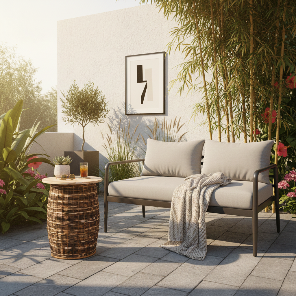 Rustic Teak & Rattan Weaving Bar Table - Dual-Material Durability & Na ...