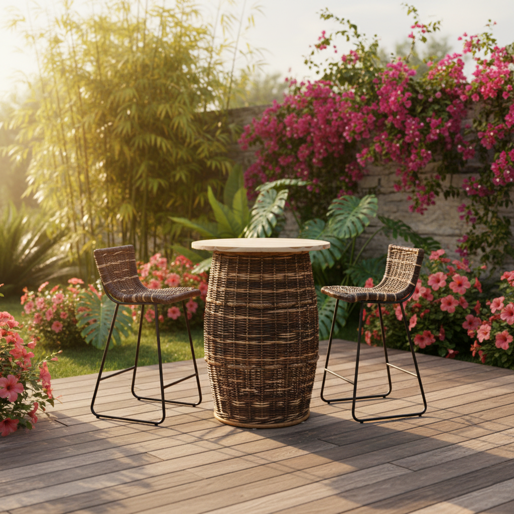 Rustic Teak & Rattan Weaving Bar Table - Dual-Material Durability & Na ...