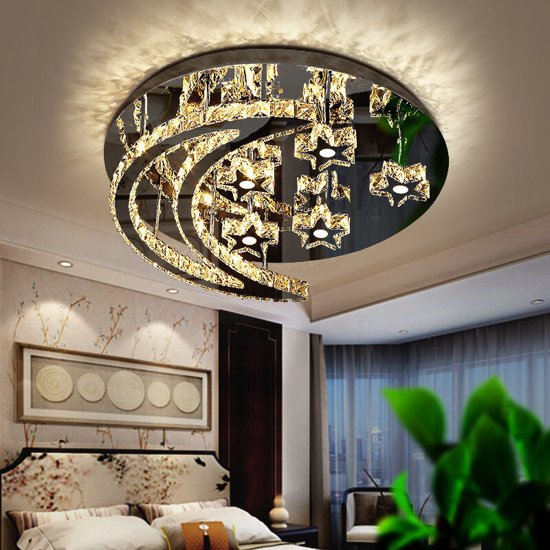 Modern Romantic Stainless Steel Crystal Star Moon LED Flush Mount Ceil ...