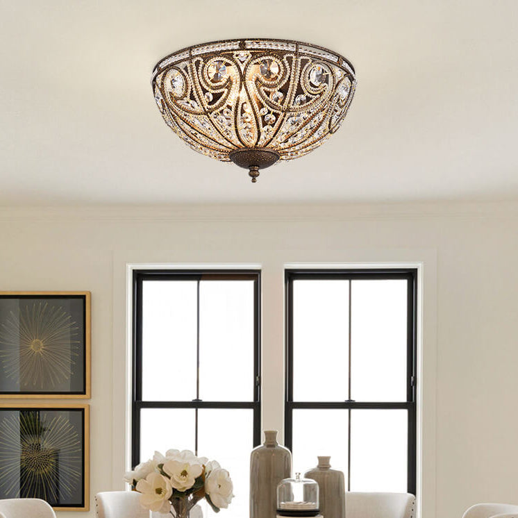Traditional Vintage Half Circle Iron Crystal 3-Light Flush Mount Ceili ...