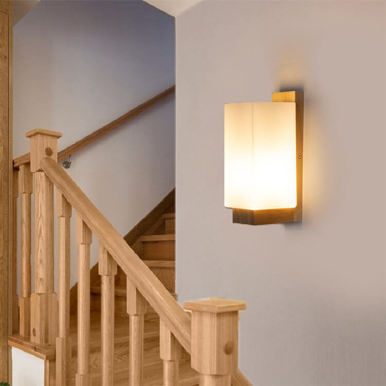 Modern Minimalist Solid Wood Square Glass Column 1-Light Wall Sconce L ...