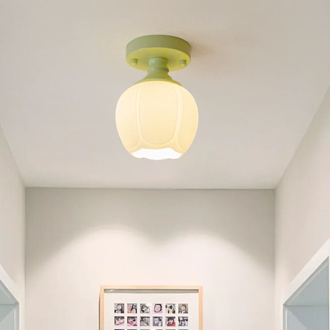 Nordic Fresh Green Floral Glass 1-Light Semi-Flush Mount Ceiling Light ...