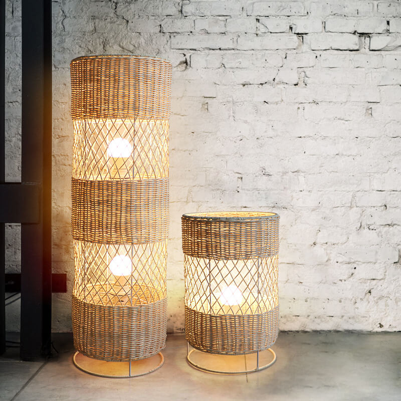 Minimalist Rattan Weaving Round Column 1/2 Light Standing Floor Lamp ...