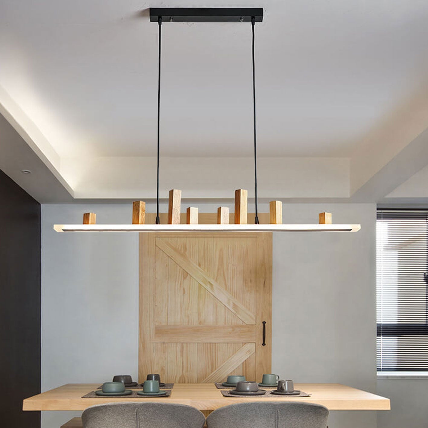 Nordic Minimalist Wooden Block Long Strip Island Light LED Chandelier ...
