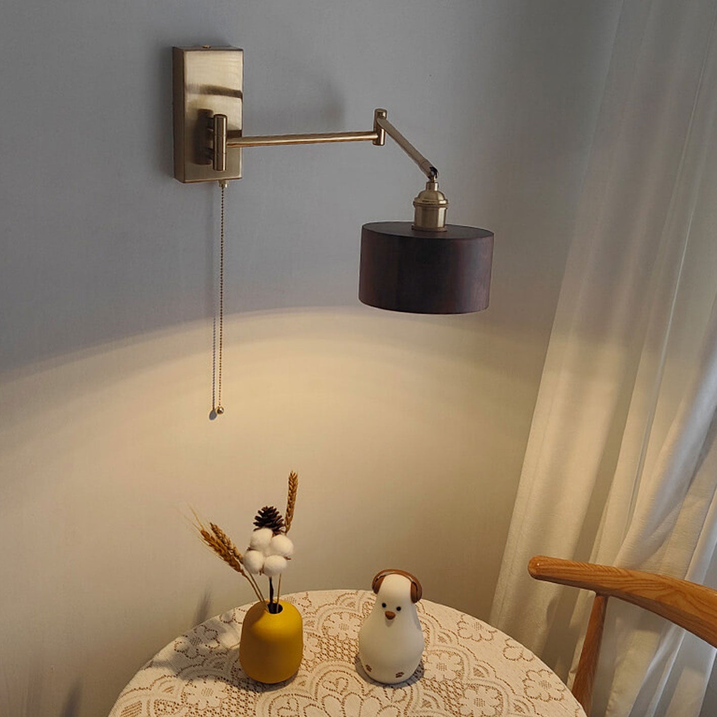 Nordic Vintage Wooden Metal Rod Pull Cord Switch Rotatable 1-Light Wal ...