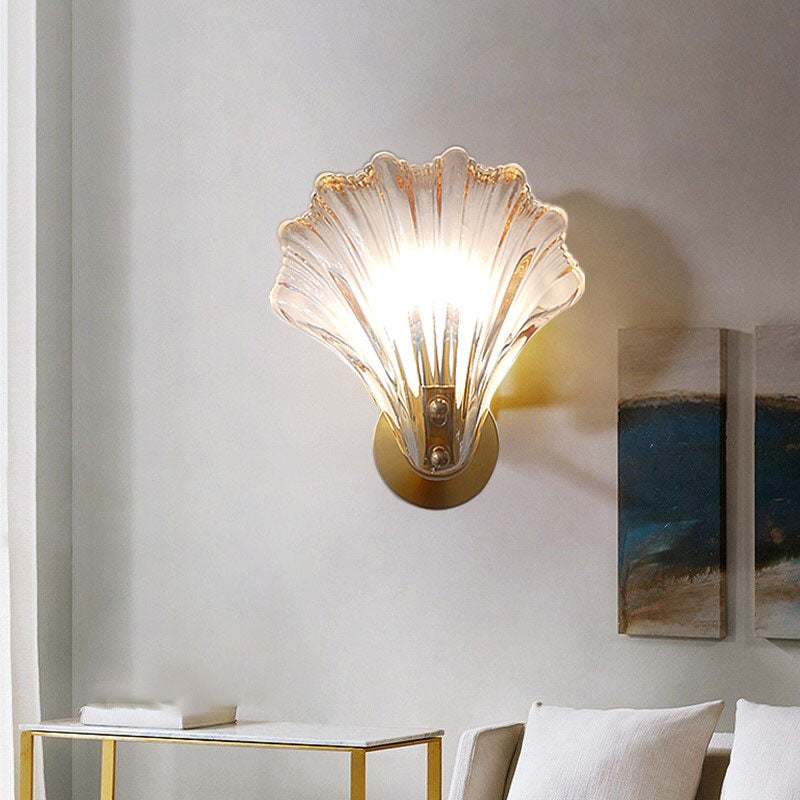 Modern Art Deco Scalloped Shell Amber Glass Shade Brass Frame 1-Light ...